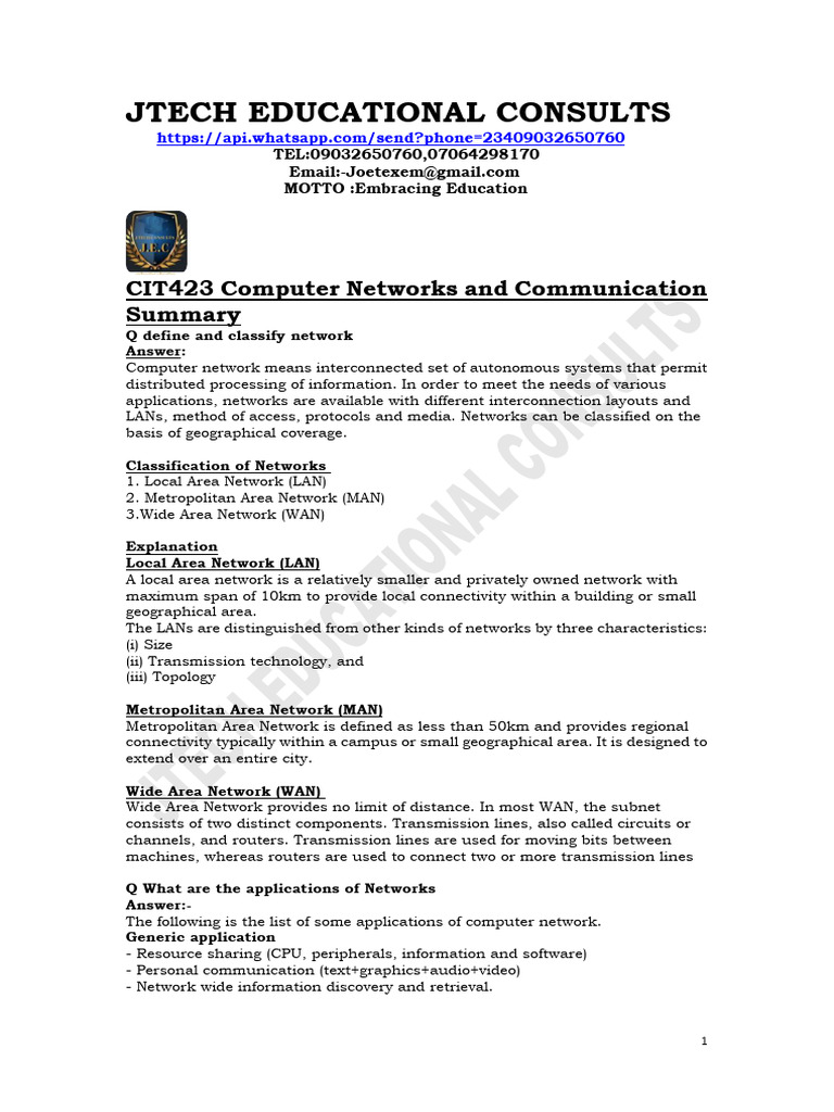Cit423 Summary Complete Jtech Master | PDF | Computer Network ...