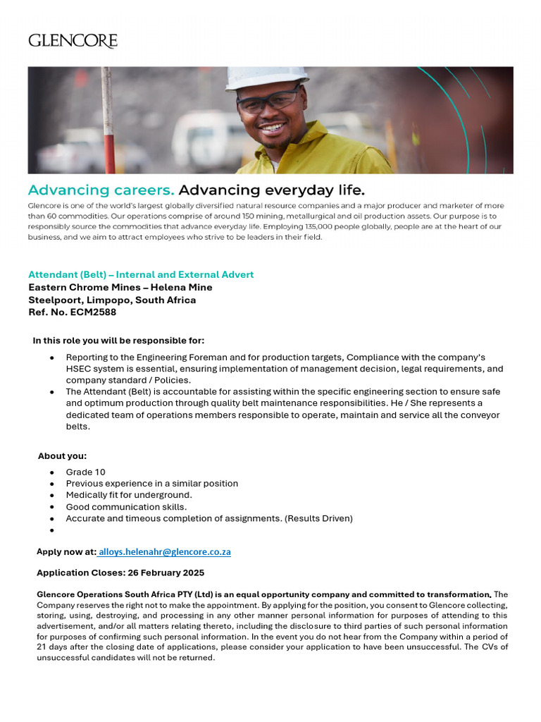 Belt Attendant Position at Helena Mine | PDF