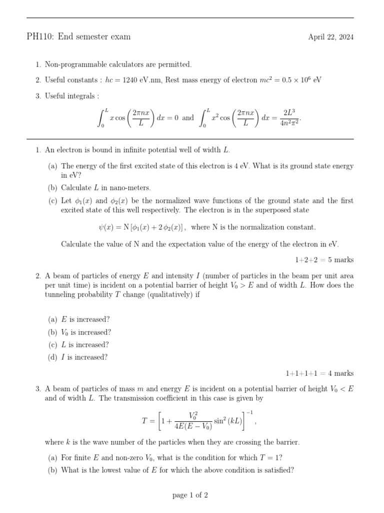 ph110 Endsem 2023 | PDF | Electron | Theoretical Physics