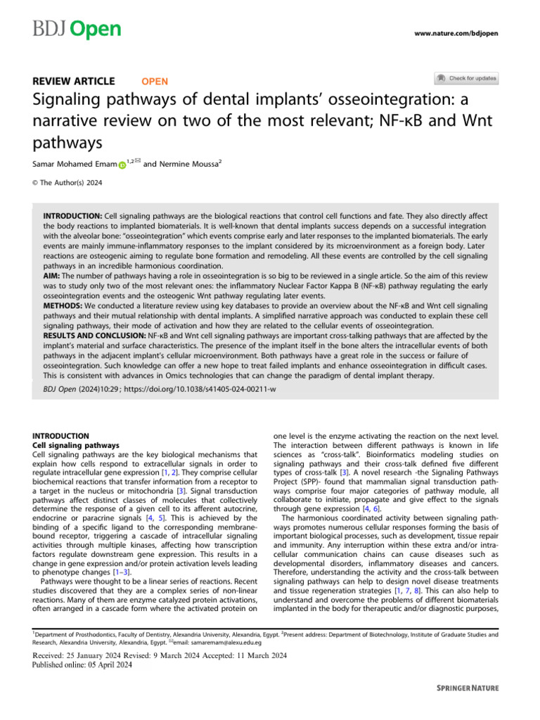 Signaling Pathways of Dental Implants Osseointegration: A Narrative ...