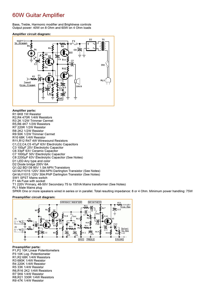 60W Guitar Amplifier - Circuit Diagrams, Schematics, Electronic ...