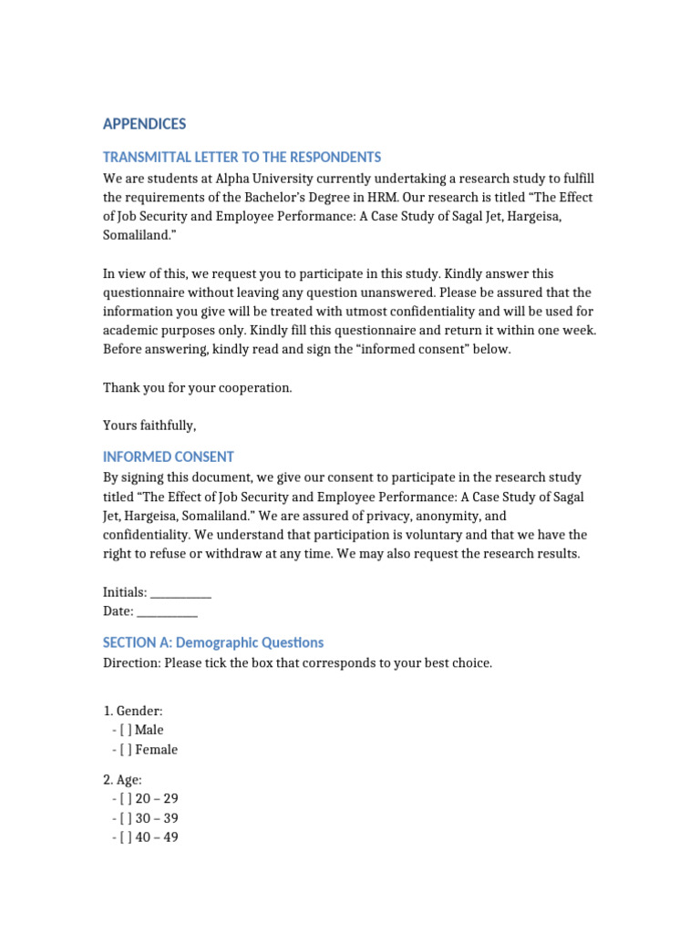 Job Security Questionnaire for Study | PDF | Business