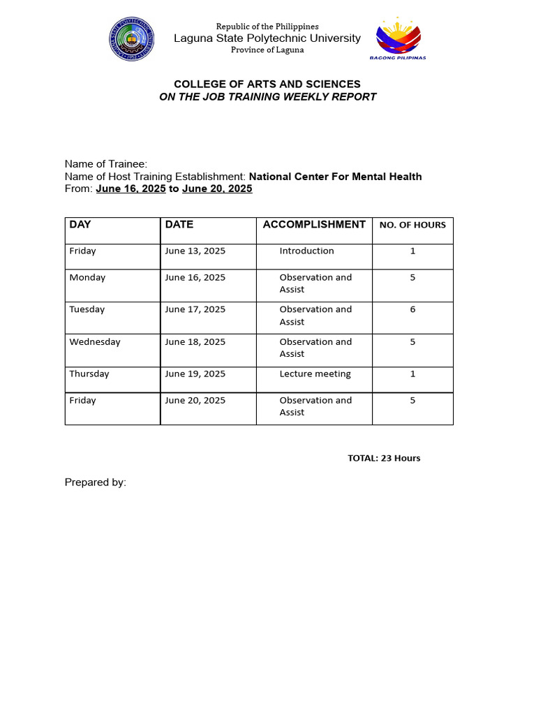 NCMH_Weekly Narrative and Accomplishment Report | PDF | Behavioural ...