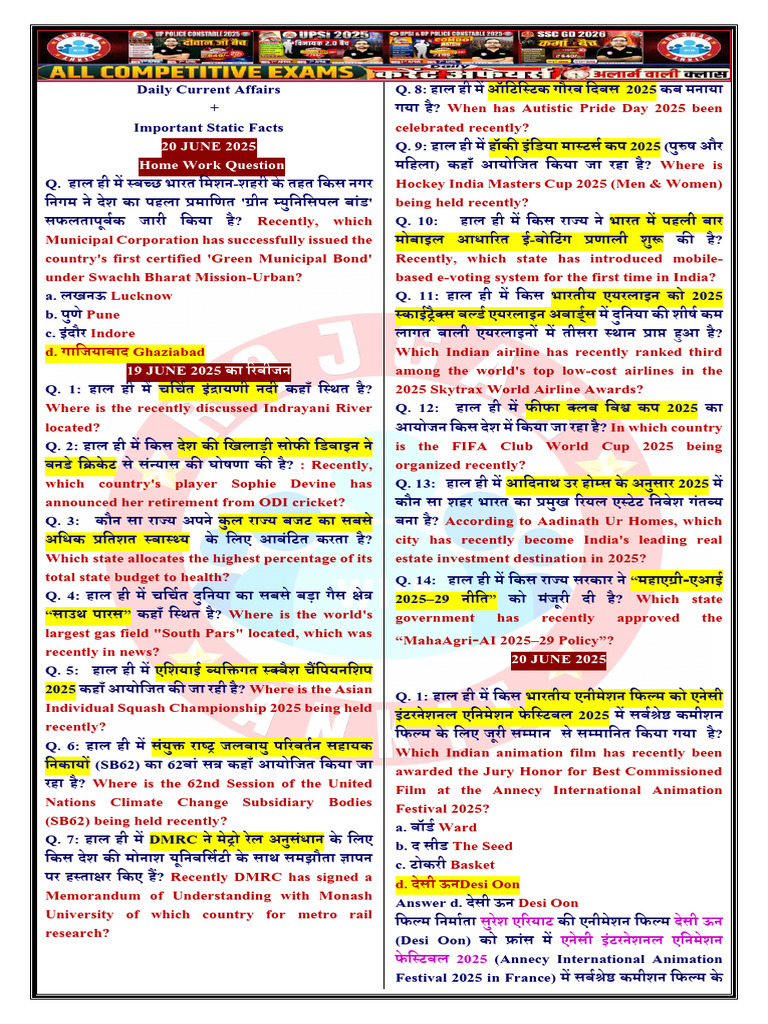 20 JUNE 2025 Current Affairs Aadarsh Sir-2 | PDF