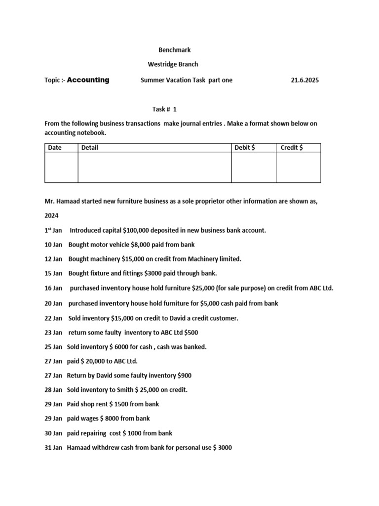 Summer Accounting Task 1 | PDF