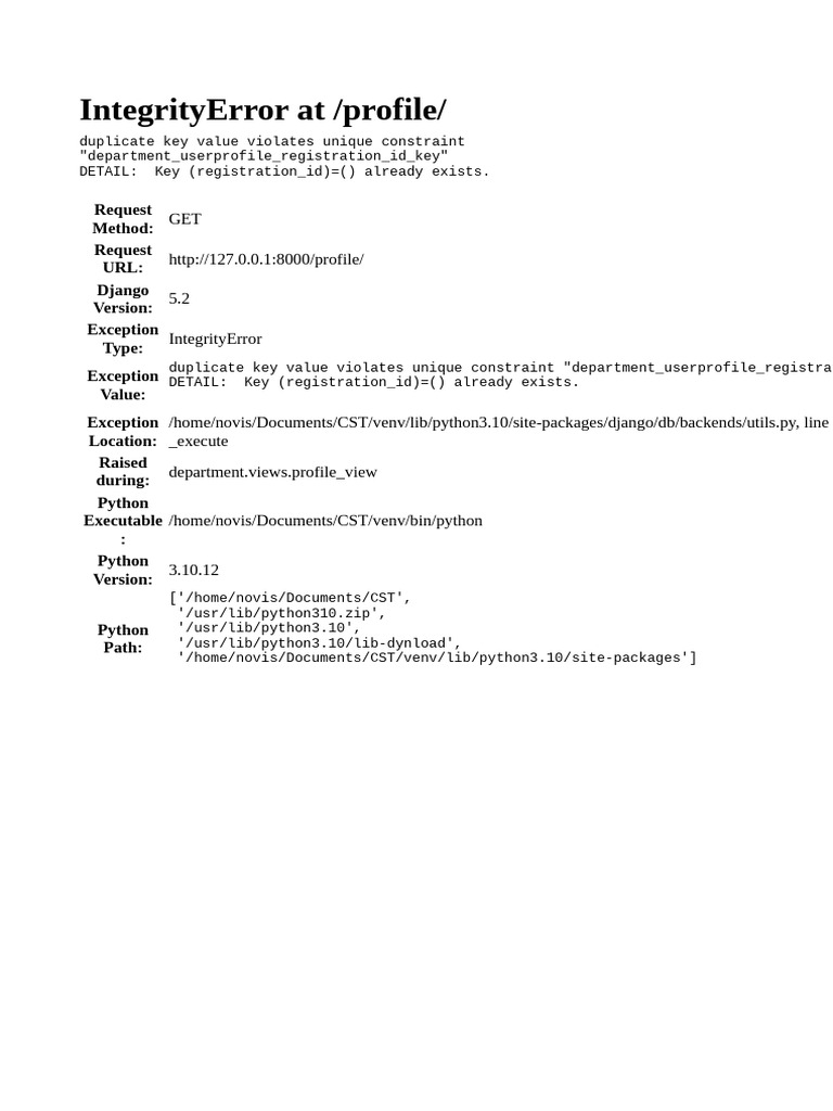 Django IntegrityError: Duplicate Key Issue | PDF