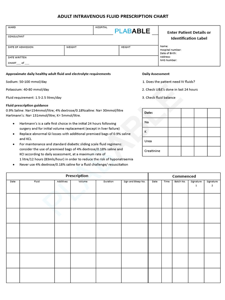 Plabable Adult Fluids Chart (Modified From GMC) | PDF | Saline ...
