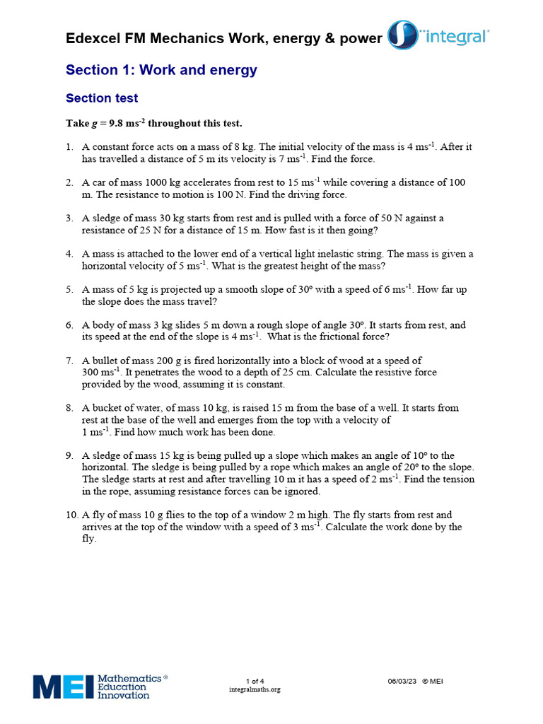 Work and Energy TEST | PDF