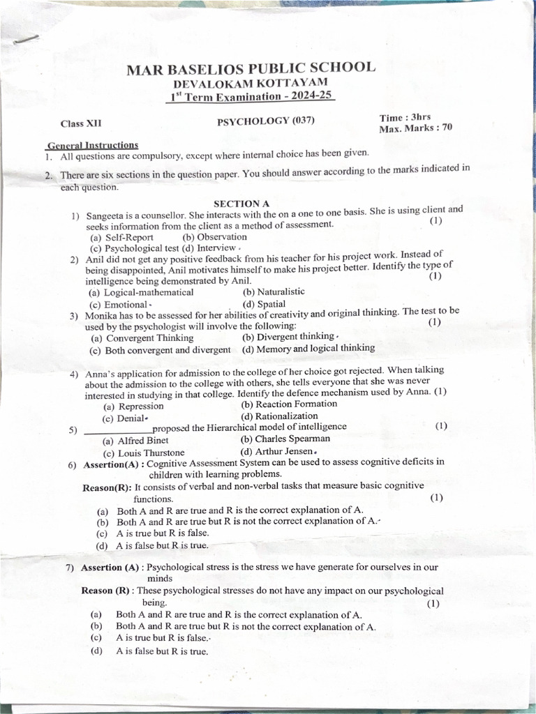 CBSE XII Unit Test 1 Psychology 2025 | PDF
