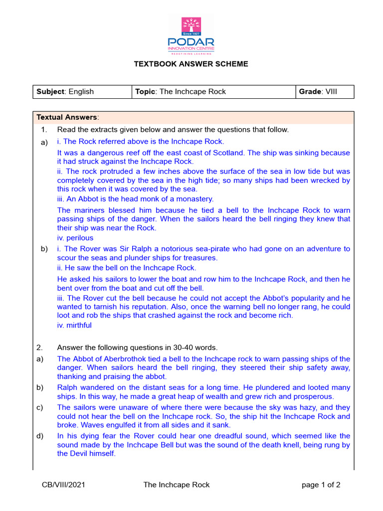 Inchcape Rock Q&A for Class 8 | PDF