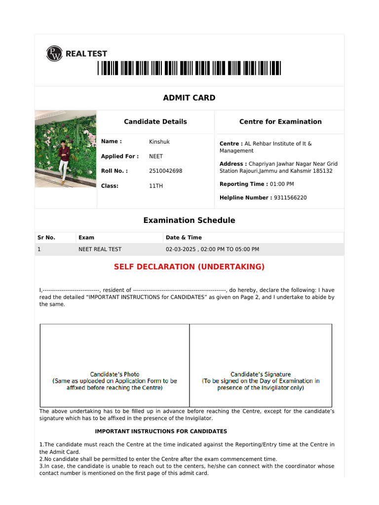 Admitcard 2510042698 6408078 | PDF | Identity Document