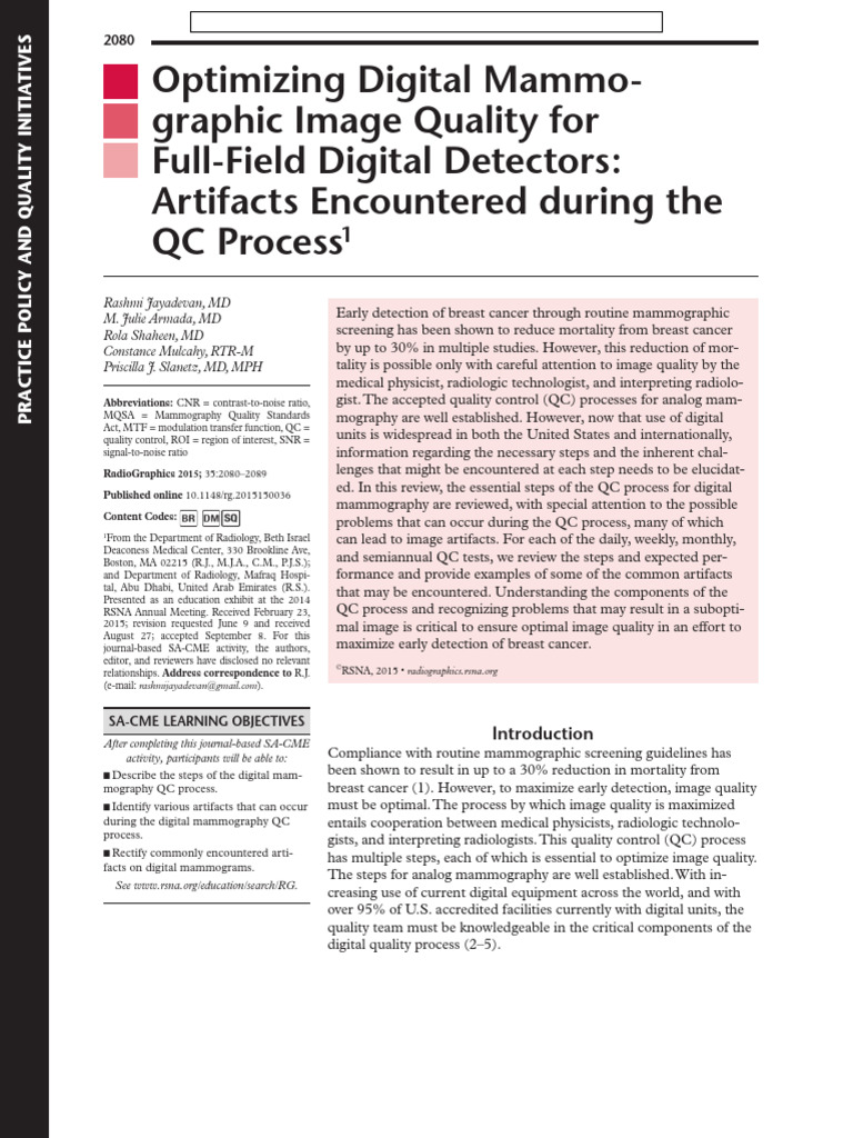 Digital Mammography QC: Artifacts & Solutions | PDF | Mammography | Imaging