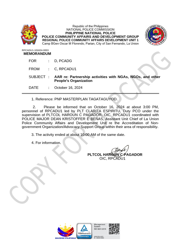 AAR Re Partnershp Mobilization With NGOs Oct 16 LUPPO | PDF