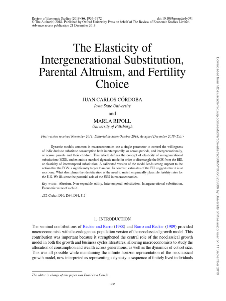 Córdoba - 2019 - The Elasticity of Intergenerational Substitution, Parental Altruism, and | PDF ...