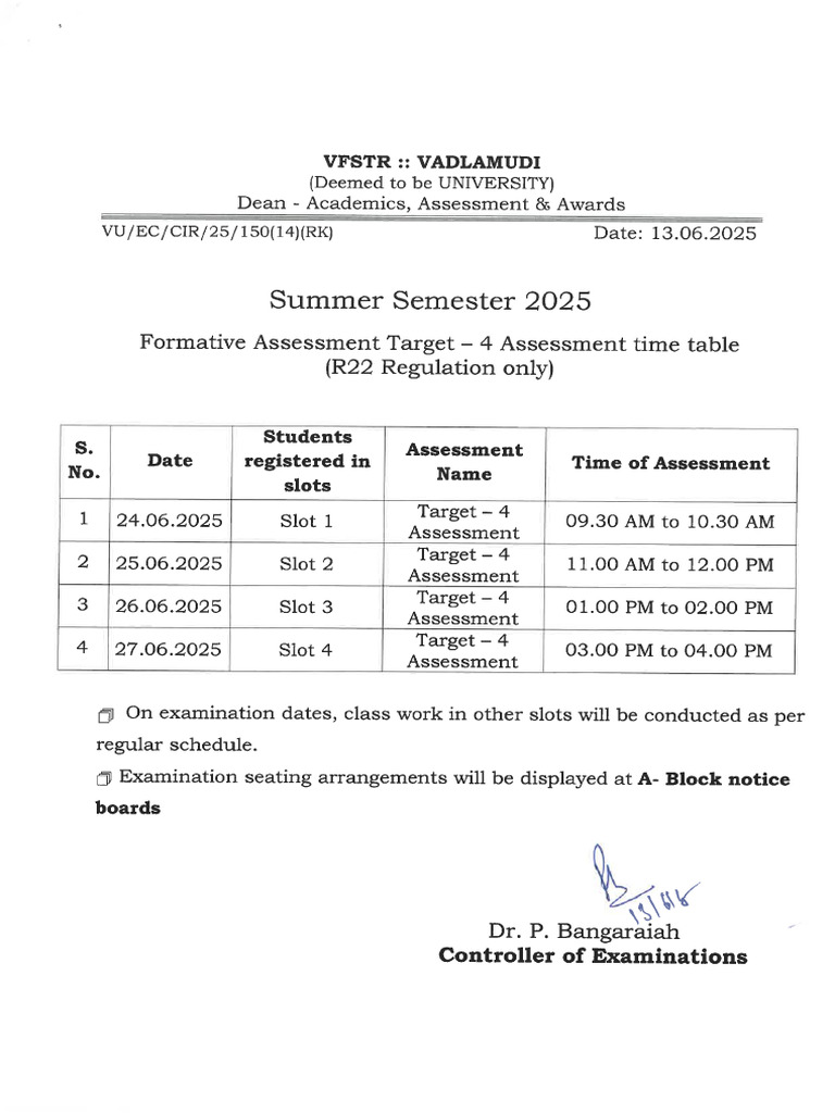 R22 Regulation Target 4 Time Table For Summer Semester 2025 | PDF