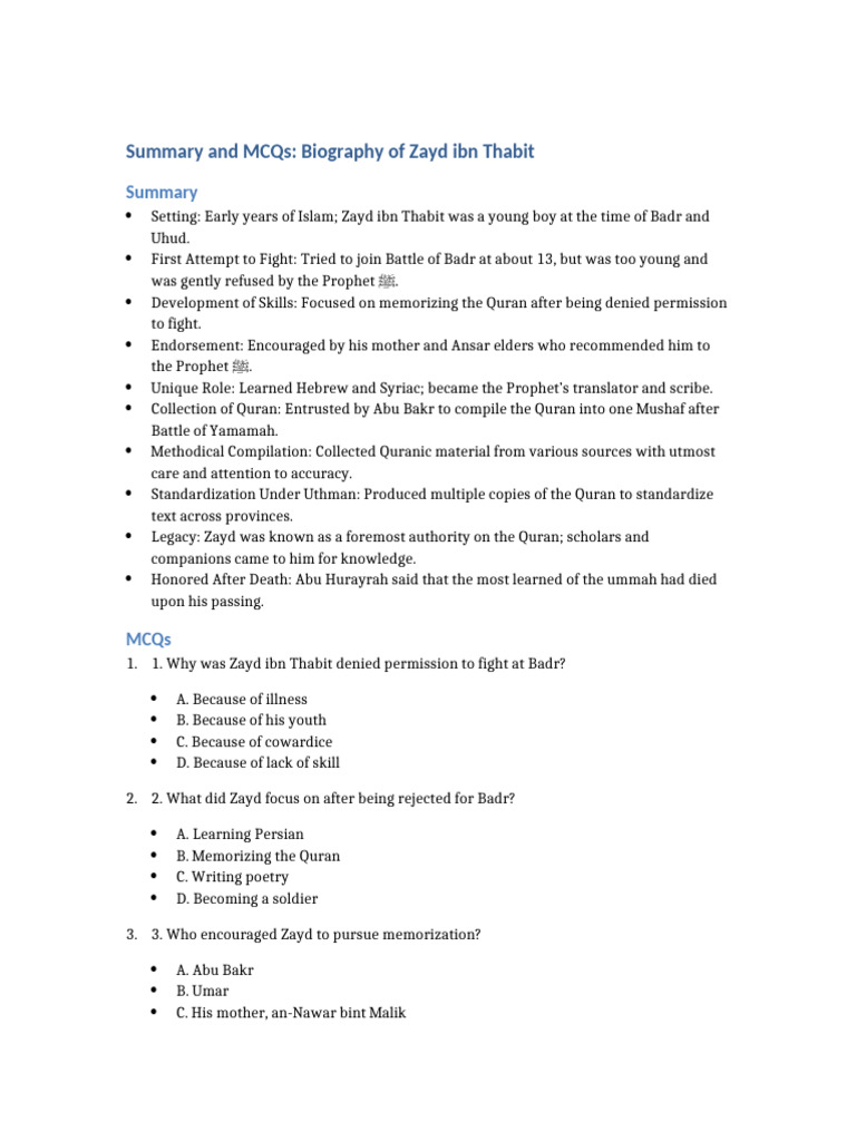 Summary and MCQs Zayd Ibn Thabit | PDF | Quran | Islam