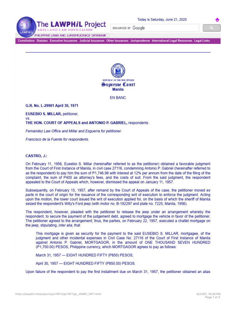 Millar vs. Gabriel: Chattel Mortgage Case | PDF | Judgment (Law) | Lawsuit