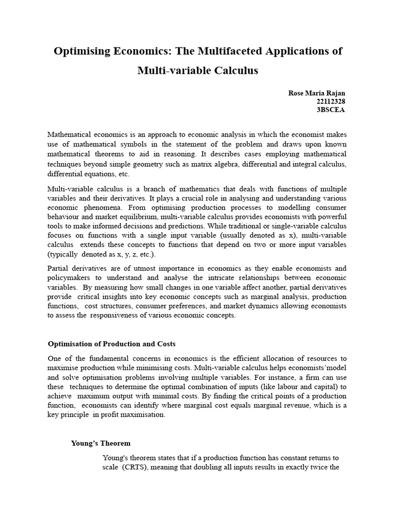 Optimising Economics - The Multifaceted Applications of Multi-Variable Calculus | PDF ...