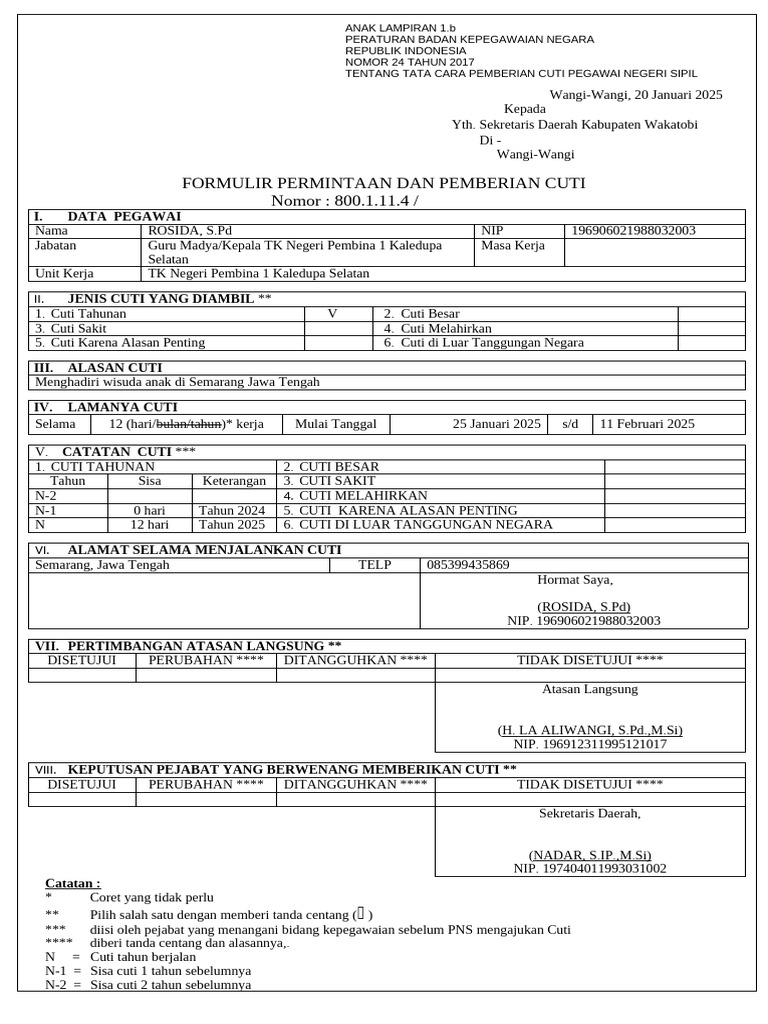 Form Ajuan Cuti Tahunan PNS Rosida | PDF