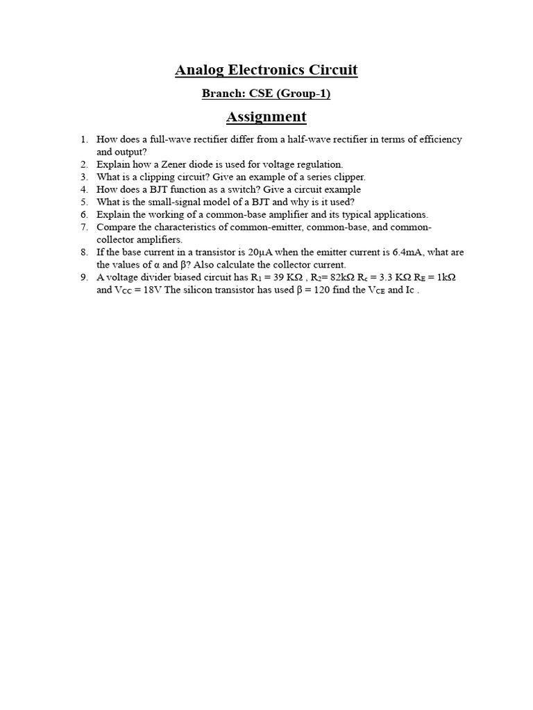 Analog Electronics Circuit Assignment (CSE, Group-1) | PDF