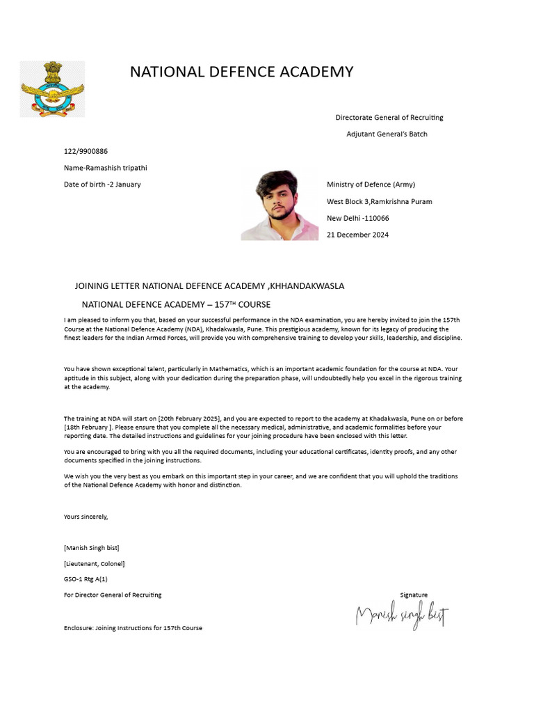Rudra Joining Letter (National Defence Academy) | PDF