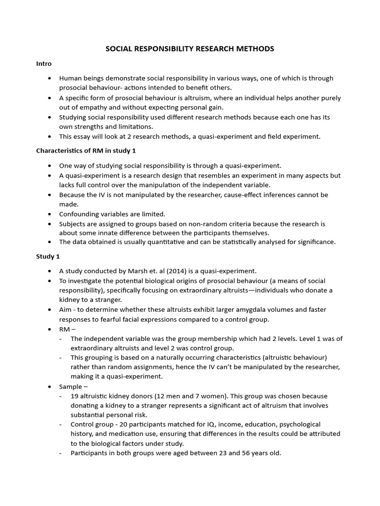 Social Responsibility Research Methods | PDF | Altruism | Experiment