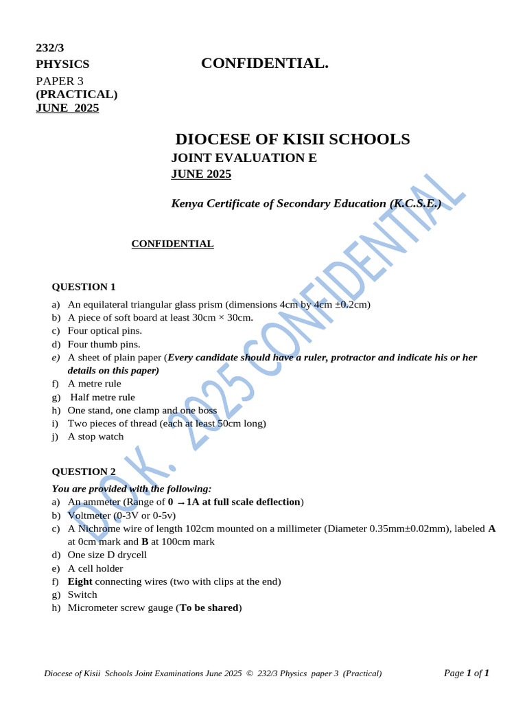 KCSE 2025 Physics Paper 3 Confidential | PDF