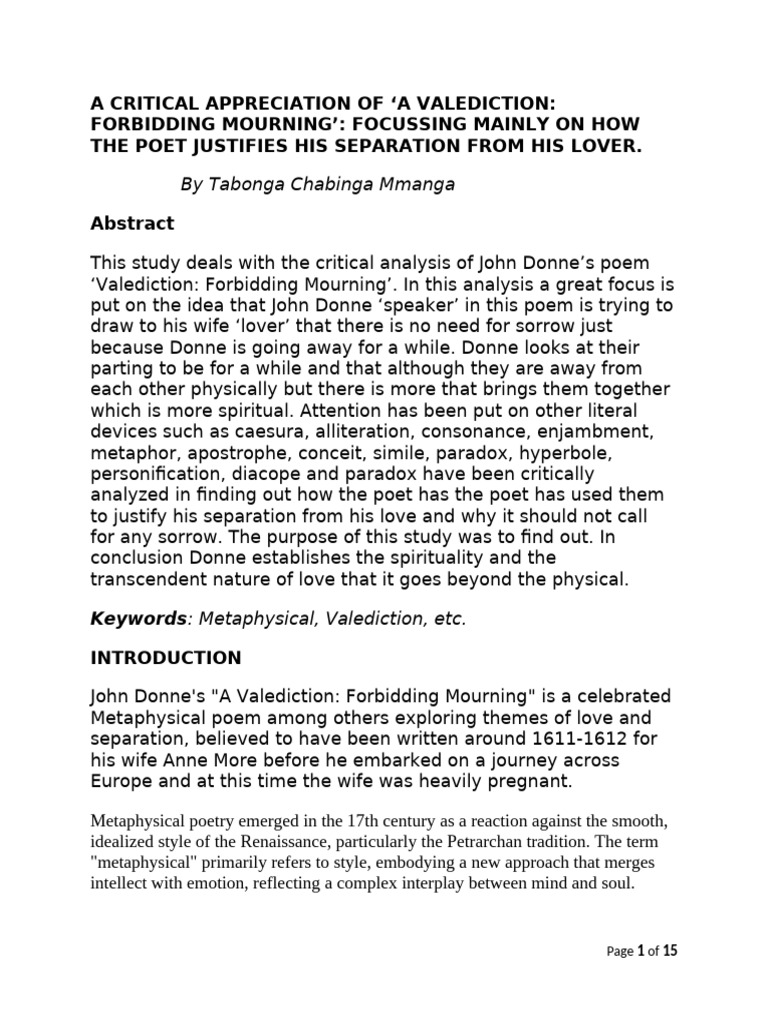 Critical Appreciation Valediction Forbidding Mourning | PDF | Love | Poetry