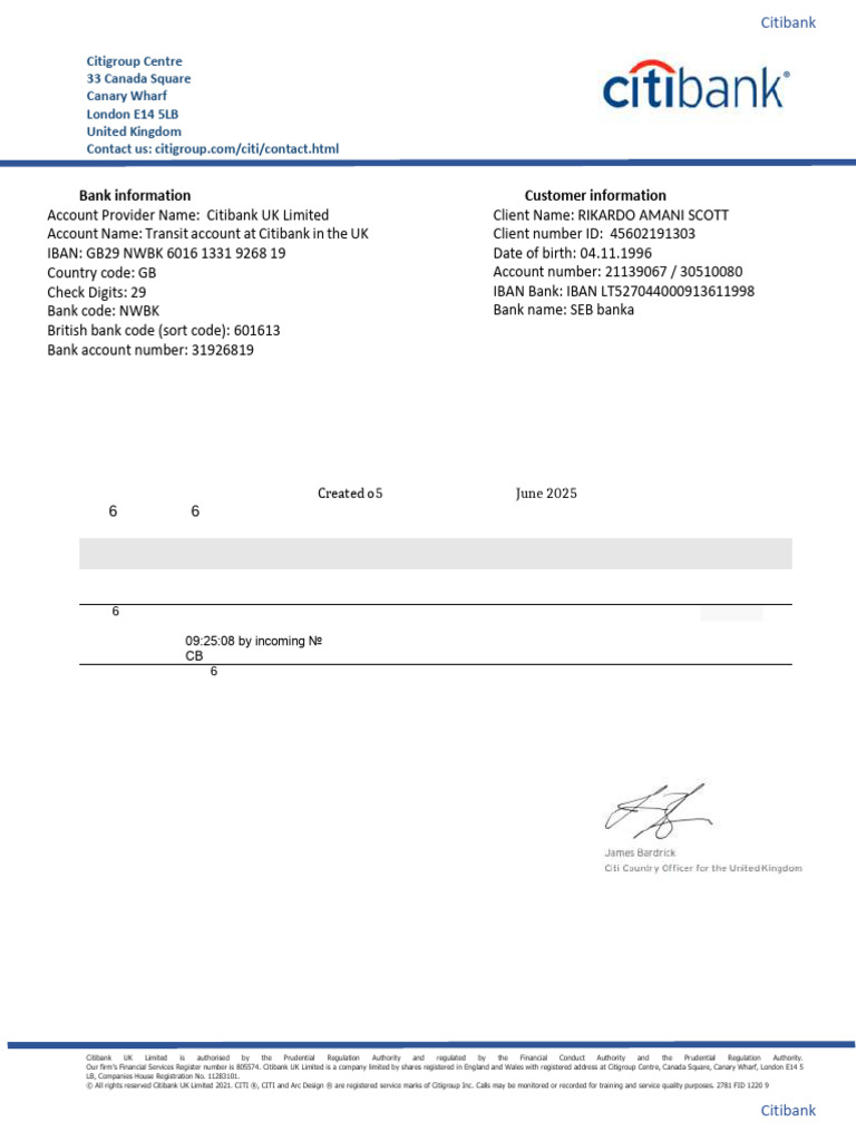 Citibank UK Account Information Summary | PDF | Banks | Citigroup