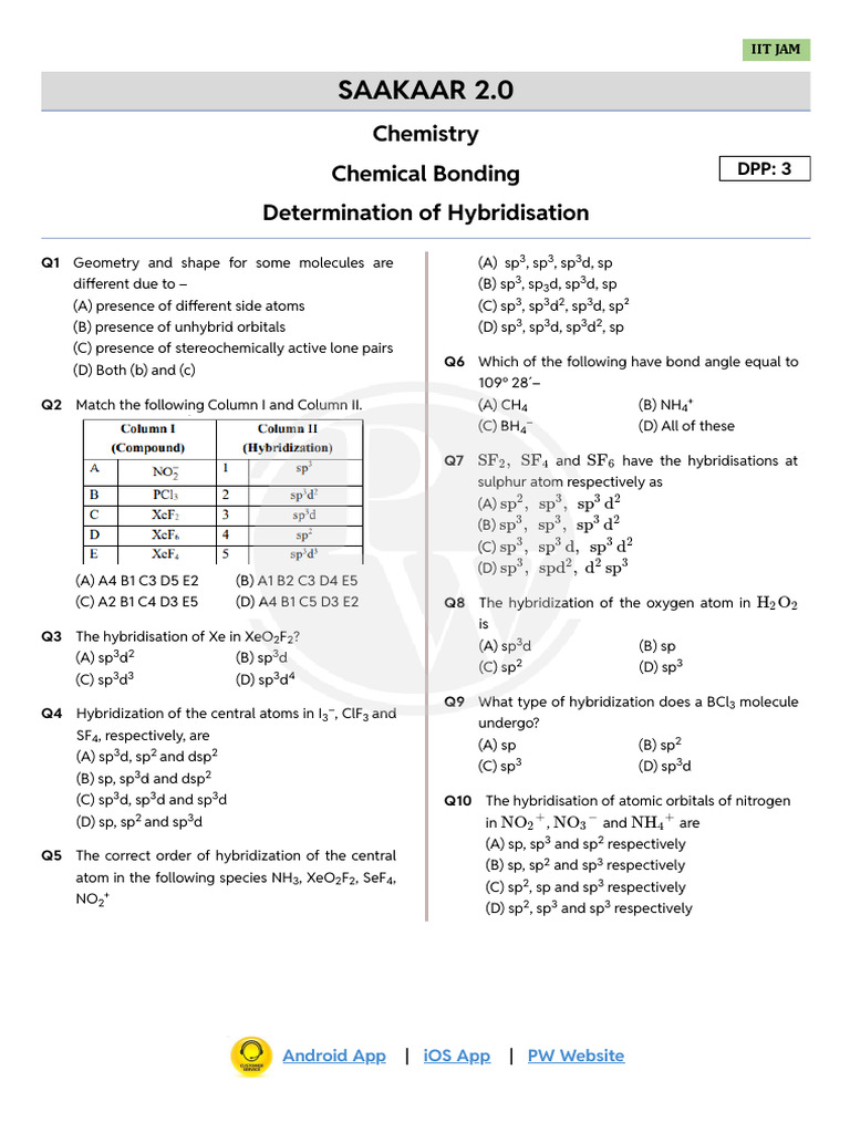138 ??? ? Chemistry Chemical Bonding DPP 03 Saakaar 20 2025 Chemistry | PDF | Quantum Chemistry ...