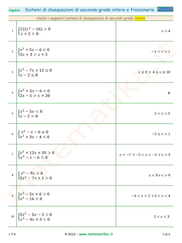 03 62 Sistemi Disequazioni Secondo Grado 7 4 | PDF