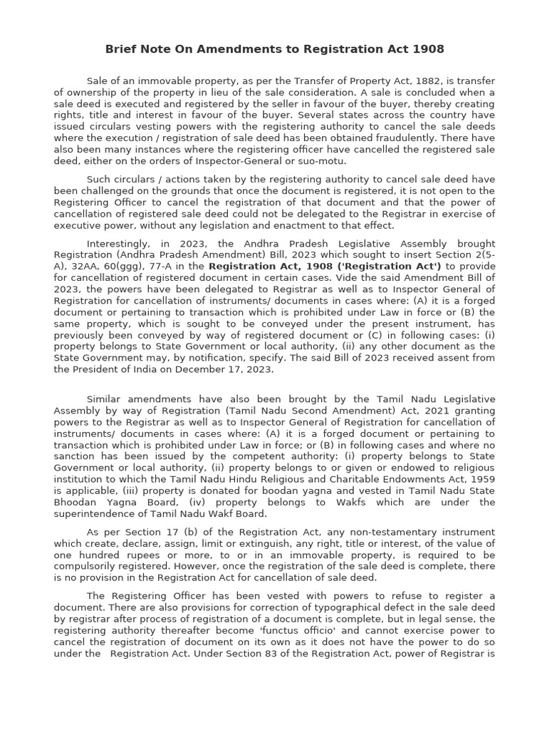 Brief Note On Registration Amendments Acts | PDF | Deed | Civil Law ...