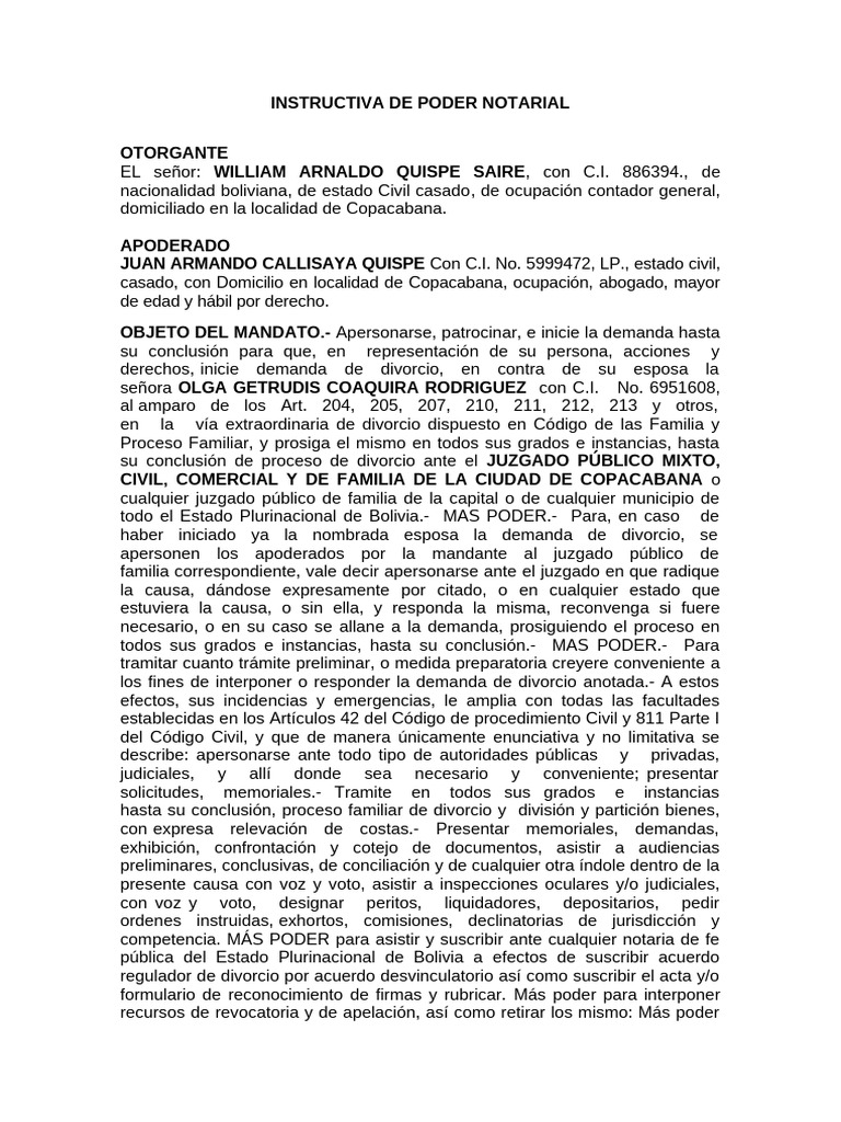 Instructiva de Poder Notarial Divorcio | PDF | Divorcio | Apelación