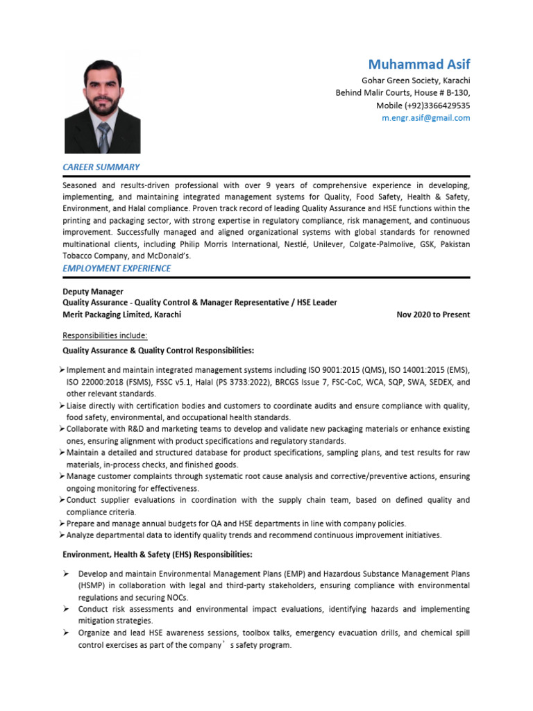 Muhammad Asif CV Apr-2025 | PDF | Quality Assurance | Occupational Safety And Health