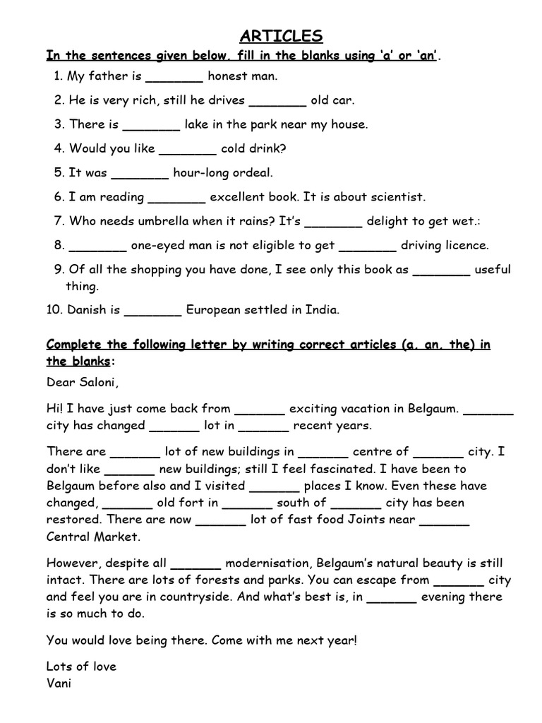 Articles, Prepositions, and Conjunctions Exercises | PDF