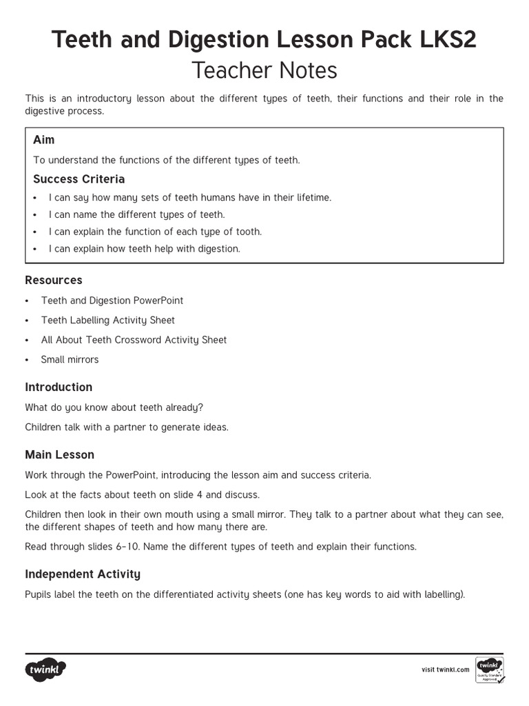 Teeth and Digestion Lesson Pack Teacher Notes | PDF