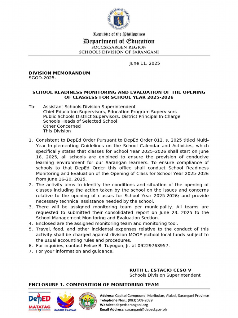 MEMO Opening of Class Monitoring Final | PDF | Pedagogy | Reading (Process)