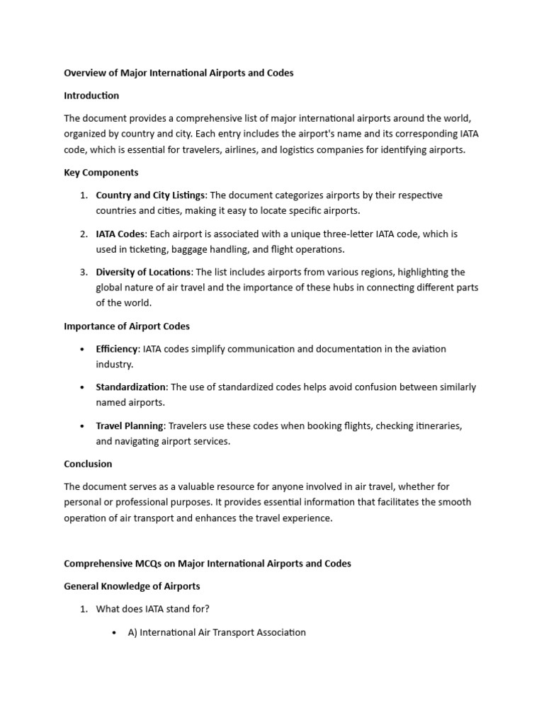 Overview of Major International Airports and Codes | PDF | Aviation ...