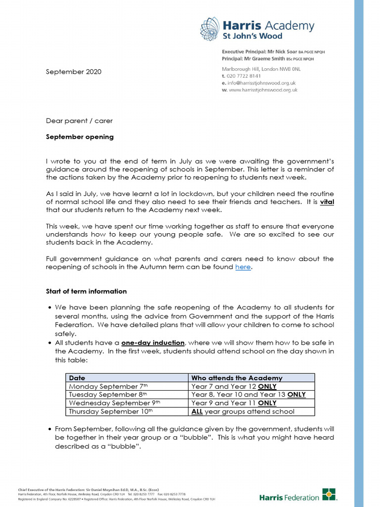 Letter For Parents - September Reopening 2 Copy 03.09.2020 2 | PDF ...