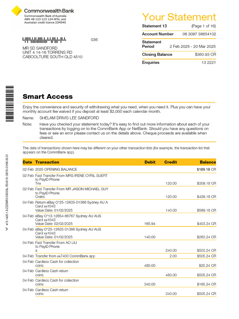 Caboolture Account Statement Summary | PDF | Debit Card | Cash