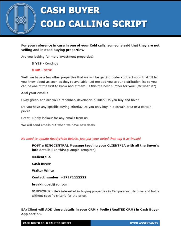 Cash Buyer Cold Calling Script | PDF
