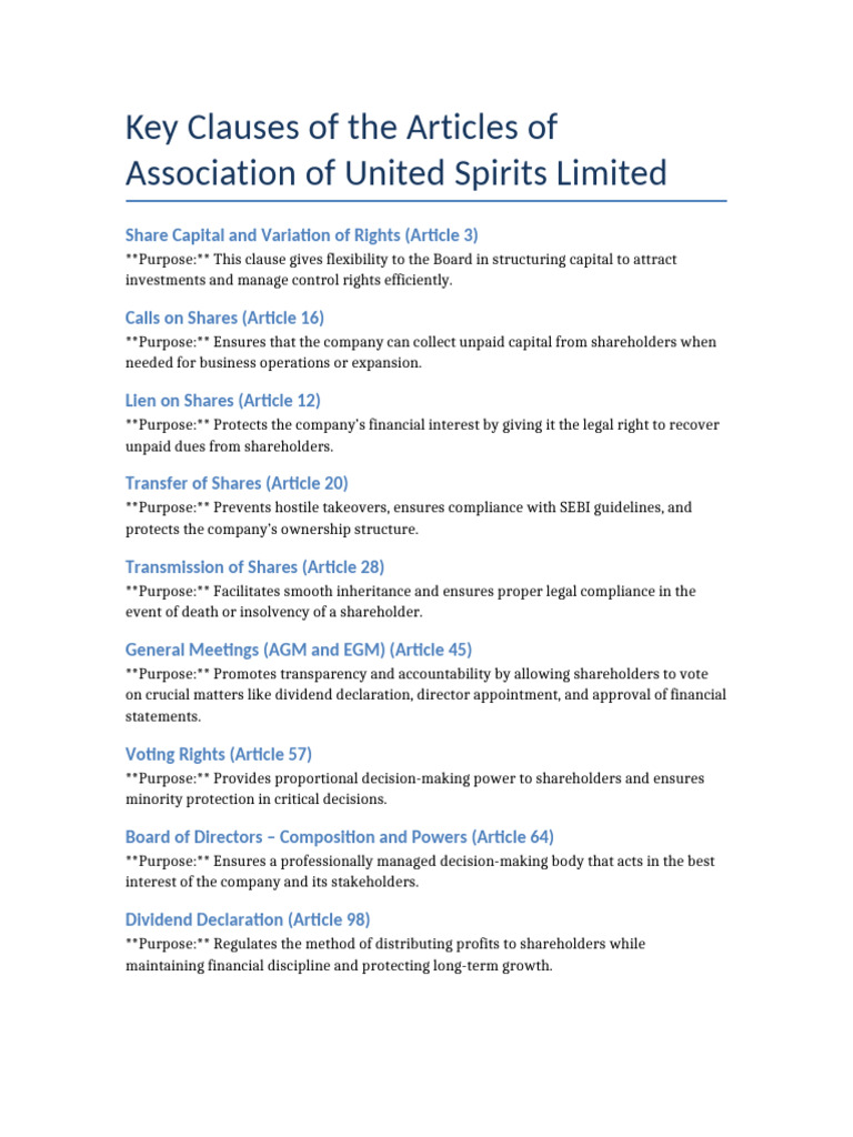 Key Articles of Association Overview | PDF | Regulatory Compliance ...