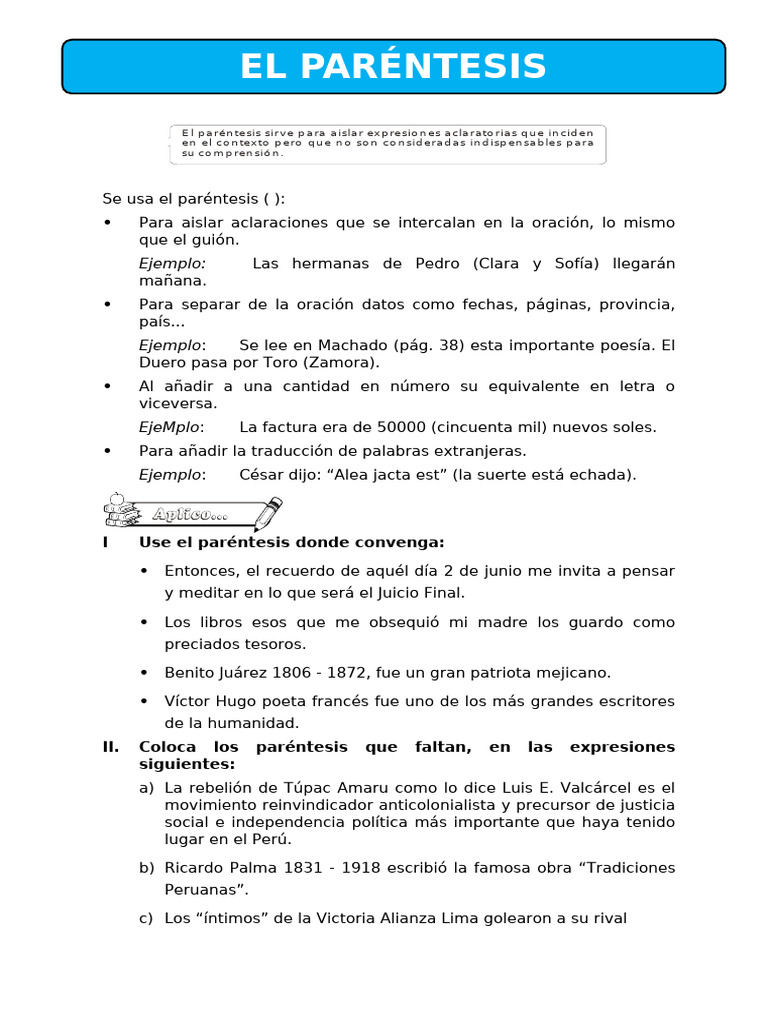 Uso y ejemplos del paréntesis | PDF