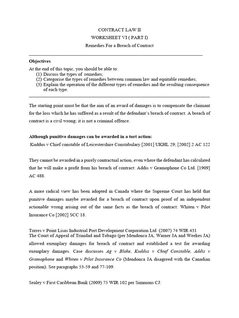 Worksheet 6 - Remedies For Breach of Contract | PDF | Punitive Damages ...