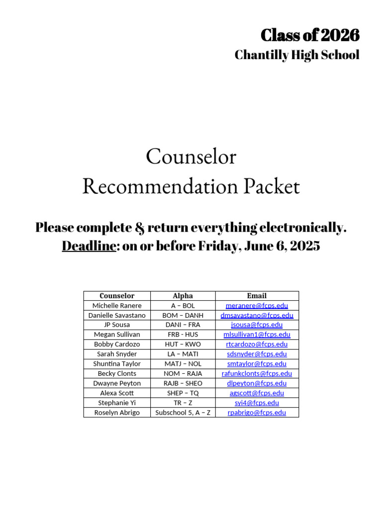 Chantilly High School Counselor Packet | PDF