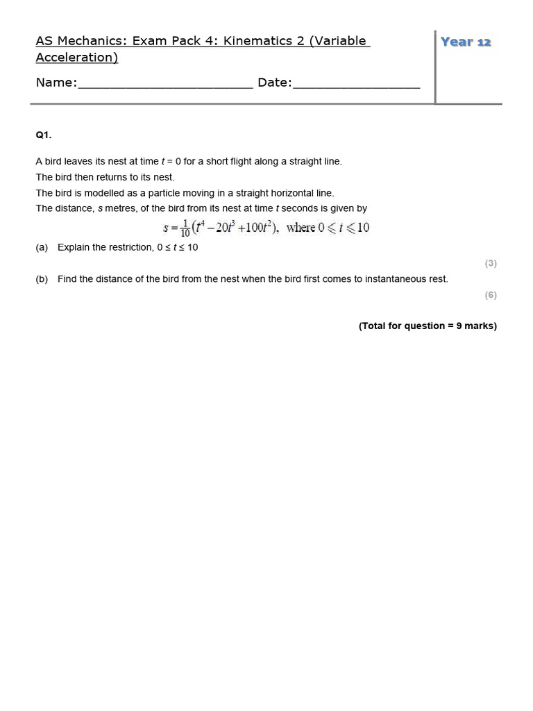 Kinematics 2 (Variable Acceleration) Exam Pack | PDF | Acceleration ...