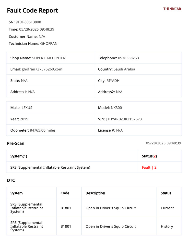 Lexus Pre-Scan Jthyarbz3k2157673 Fault Code Report 20250528094839 | PDF