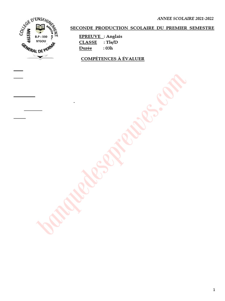 2ème Devoir Du 1er Semestre Anglais Tle D 2021-2022 College D'enseignement General de Perma ...