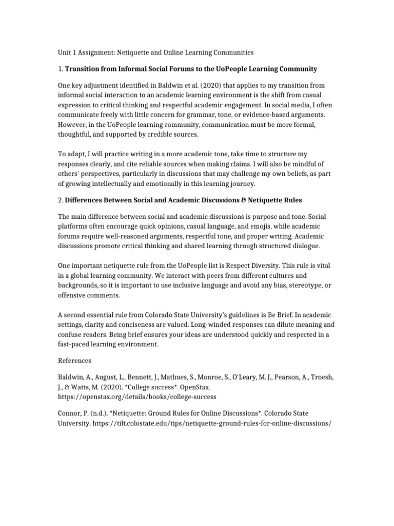Unit 1 Assignment Netiquette | PDF
