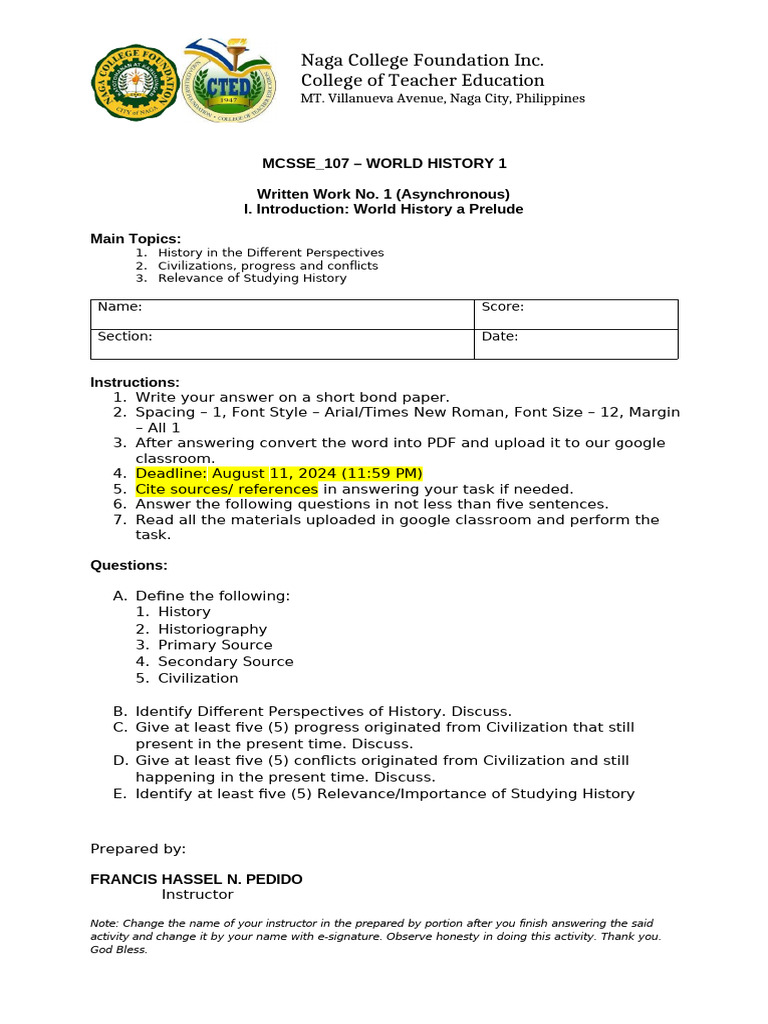 WW No.1 - MCSSE 107 - Introduction - World History A Prelude | PDF